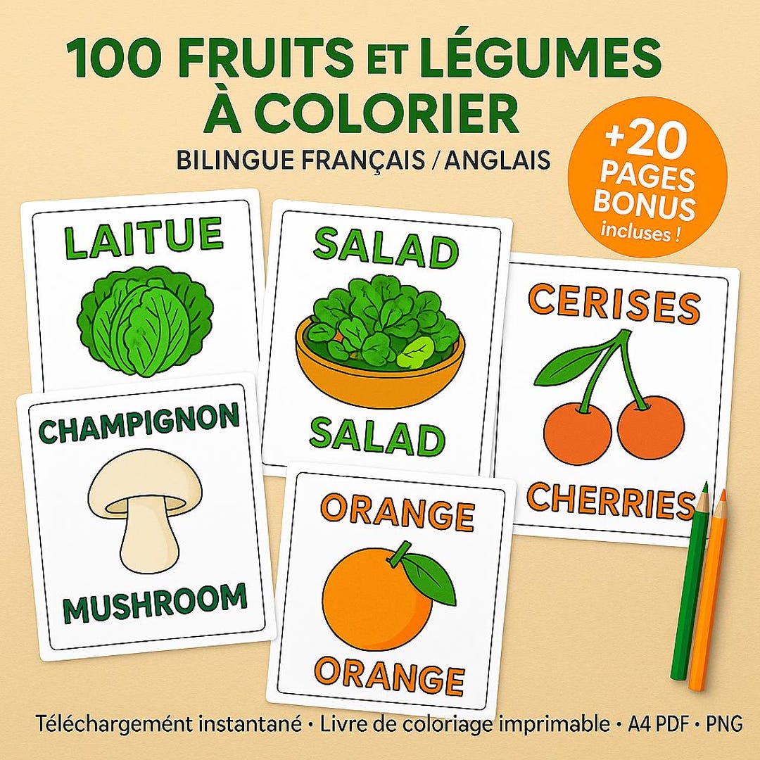 100 Fruits & Vegetables Coloring Pages | Bilingual French English ...