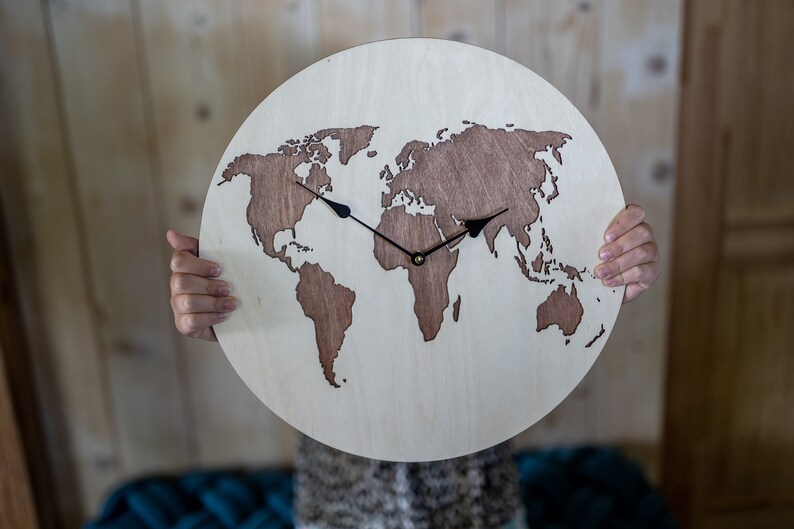 Large wall clock 15.7/ World map wall art / Wood world | Etsy