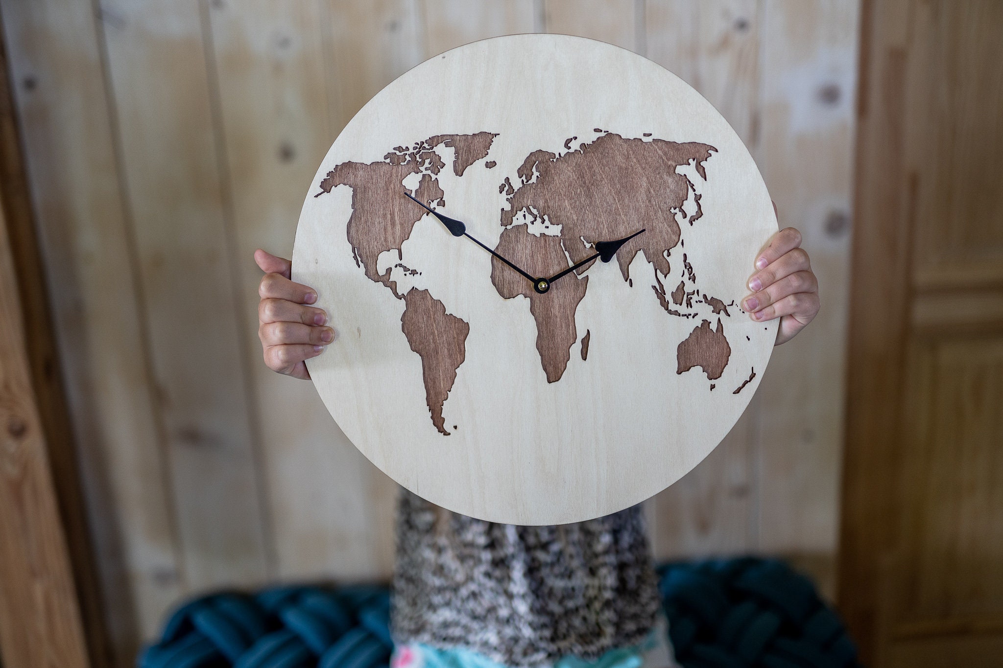 Large wall clock 15.7/ World map wall art / Wood world | Etsy