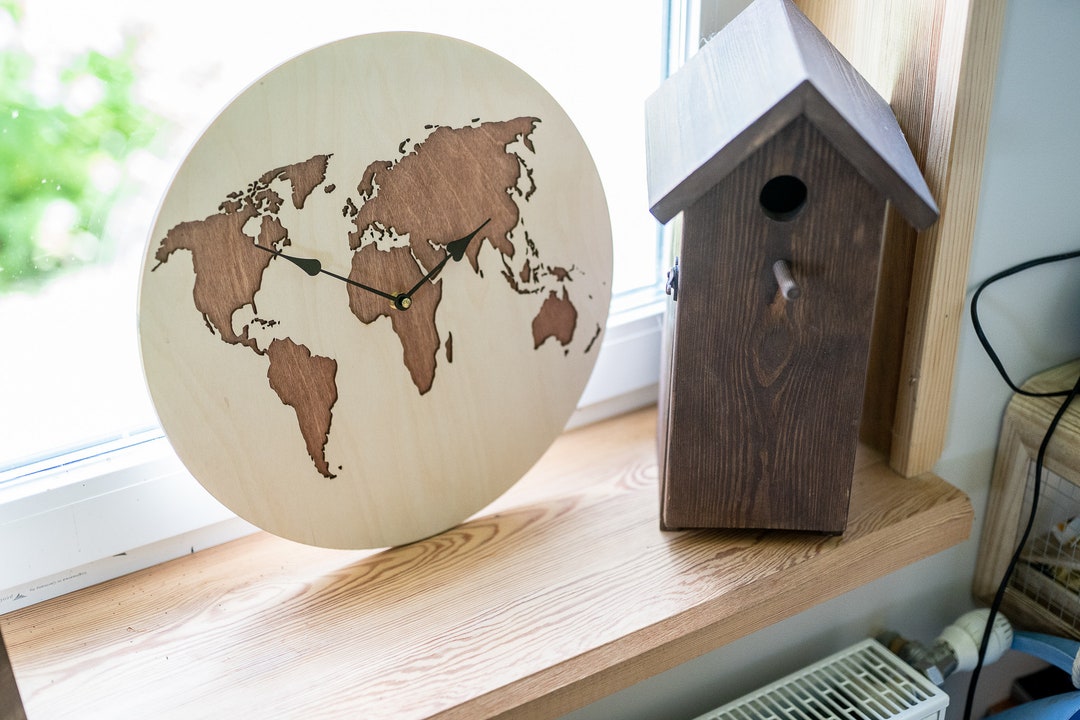 Large Wall Clock 15.7"/ World Map Wall Art / Wood World Map / Wooden ...