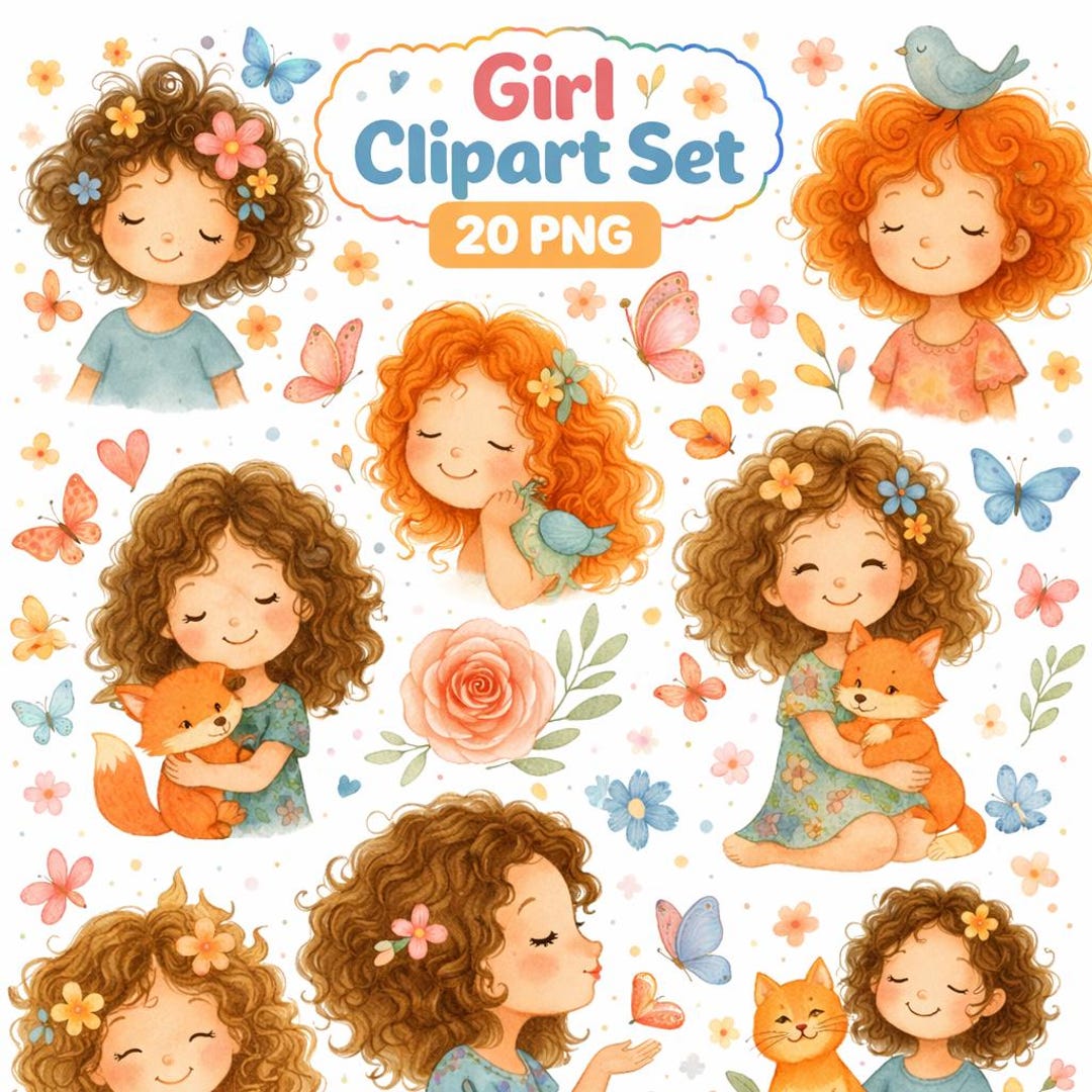 Girl Watercolor Clipart Set | 20 PNG | Whimsical Fox, Bunny & Bird ...