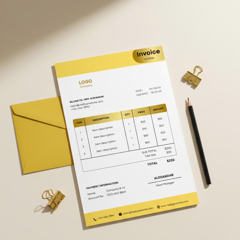 Yellow Invoice Template | Editable Canva Business Invoice | Modern ...