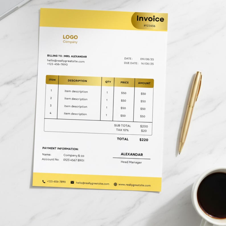 Yellow Invoice Template | Editable Canva Business Invoice | Modern ...