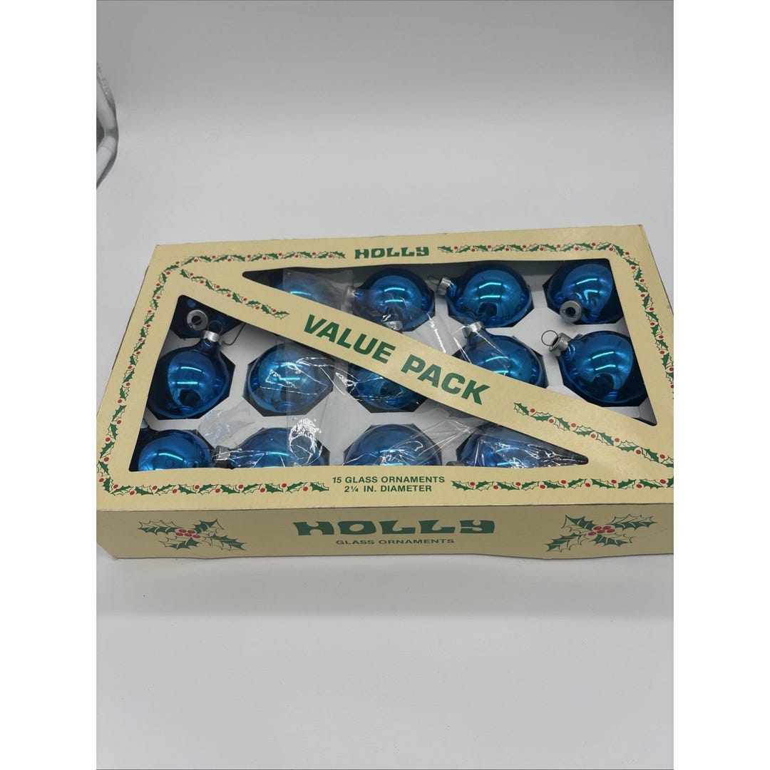 Vintage Box of 15 Holly Glass Ball Christmas Ornaments Blue . 2" - Etsy
