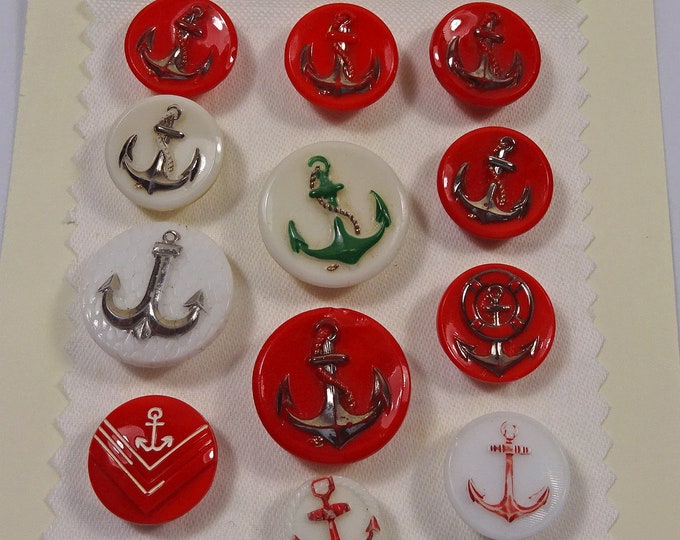 Vintage Red or White Glass Buttons Painted With Anchors, Including ...