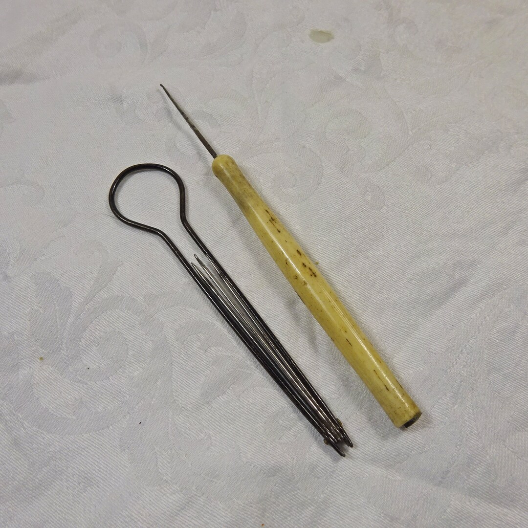 Pair of Fine Metal Crochet Hooks or Lace Making Tools, One Retractible ...