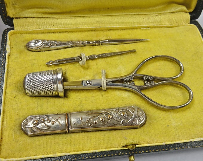 Antique box of white metal sewing tools - etui - antique sewing notions ...