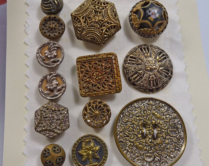 Collection of 13 Gold Tone Vintage Metal Buttons, Pierced or Painted ...