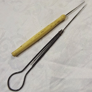 Pair of Fine Metal Crochet Hooks or Lace Making Tools, One Retractible ...