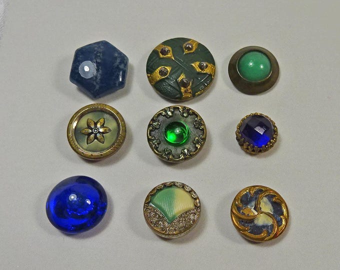 Group of 9 Small Vintage/antique Buttons - Shades of Green and Blue ...