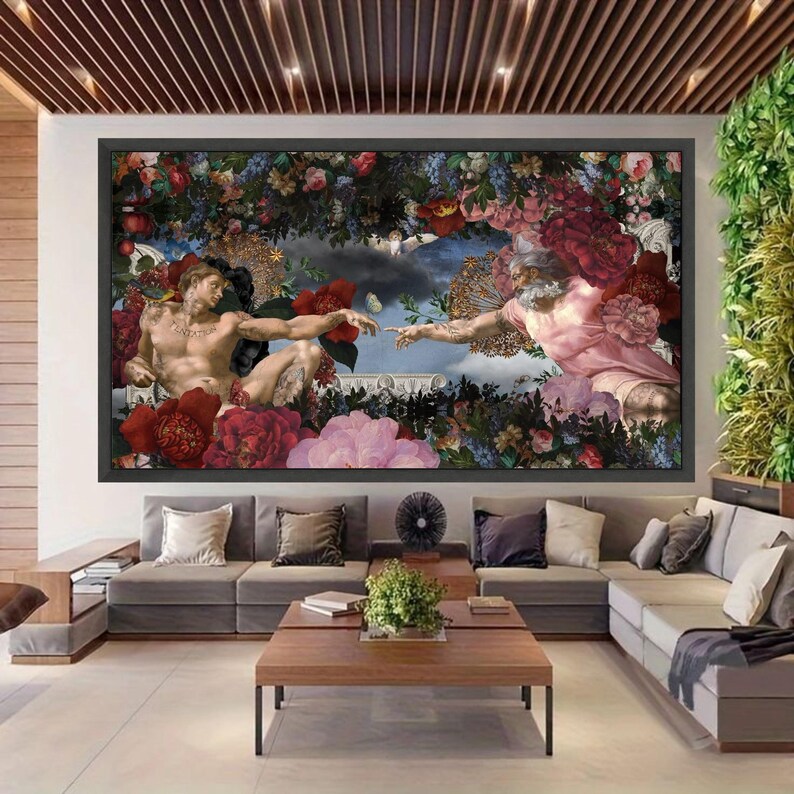 Modern Creation of Adam Canvas, Tattooed Renaissance Art, Floral Frame ...
