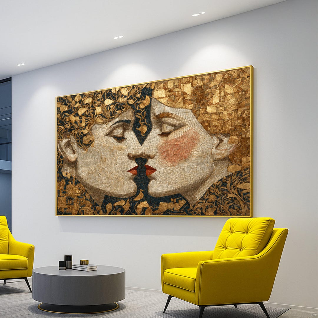 Romantic Mosaic Portrait Canvas, Kissing Couple Wall Art, Gold Leaf ...