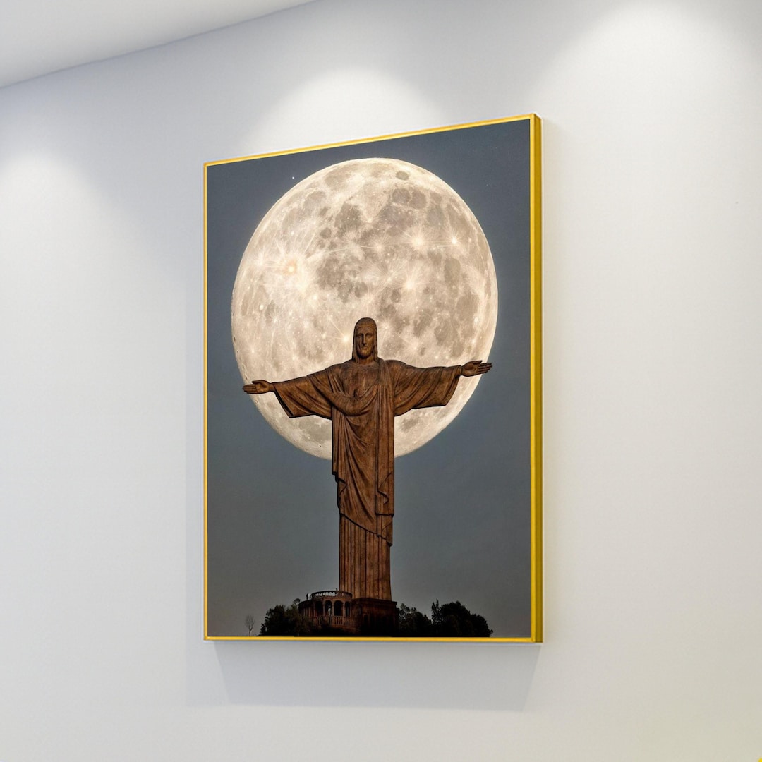 Christ the Redeemer Statue With Full Moon Canvas, Spiritual Wall Art ...