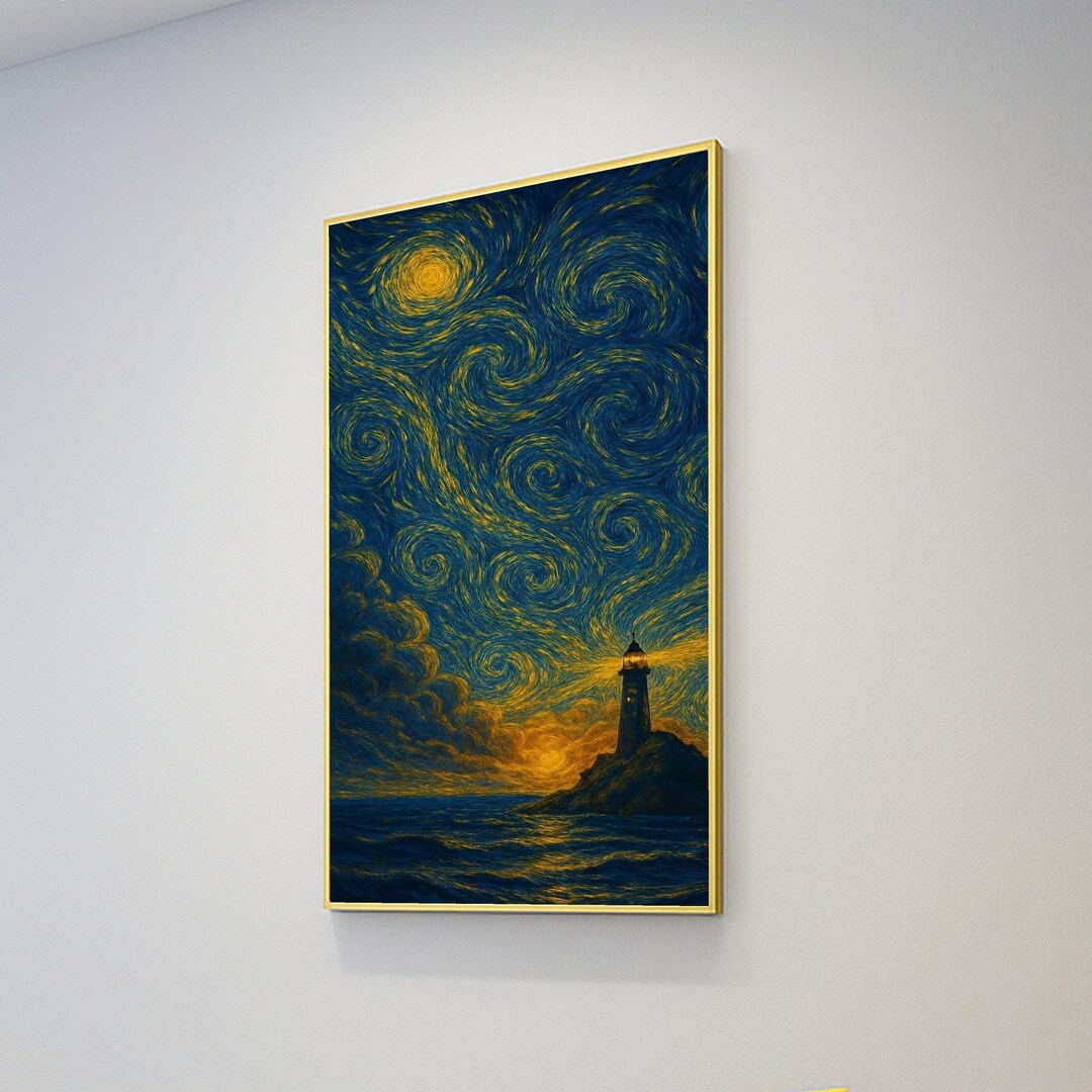 Starry Night Sky Lighthouse Canvas, Swirling Ocean Waves Wall Art, Van ...