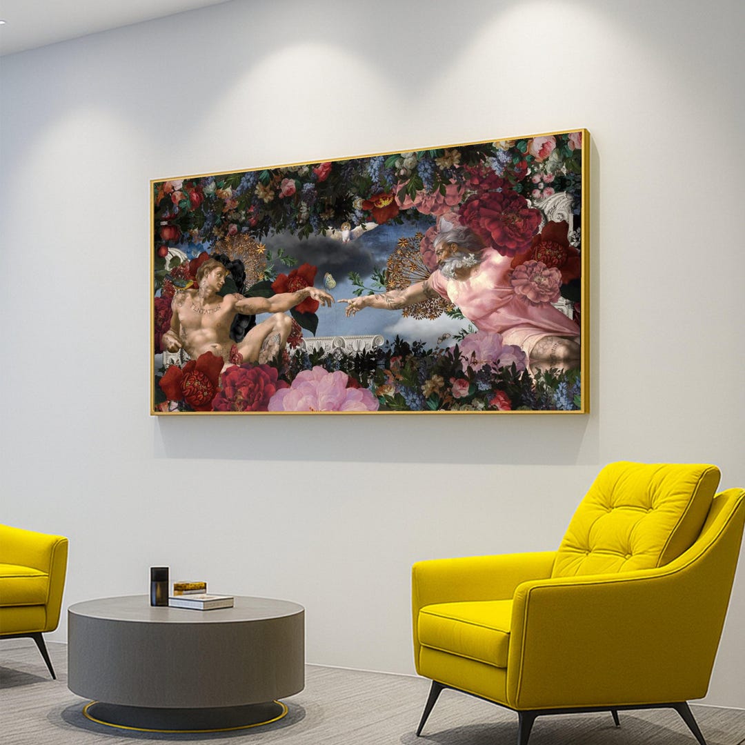 Modern Creation of Adam Canvas, Tattooed Renaissance Art, Floral Frame ...