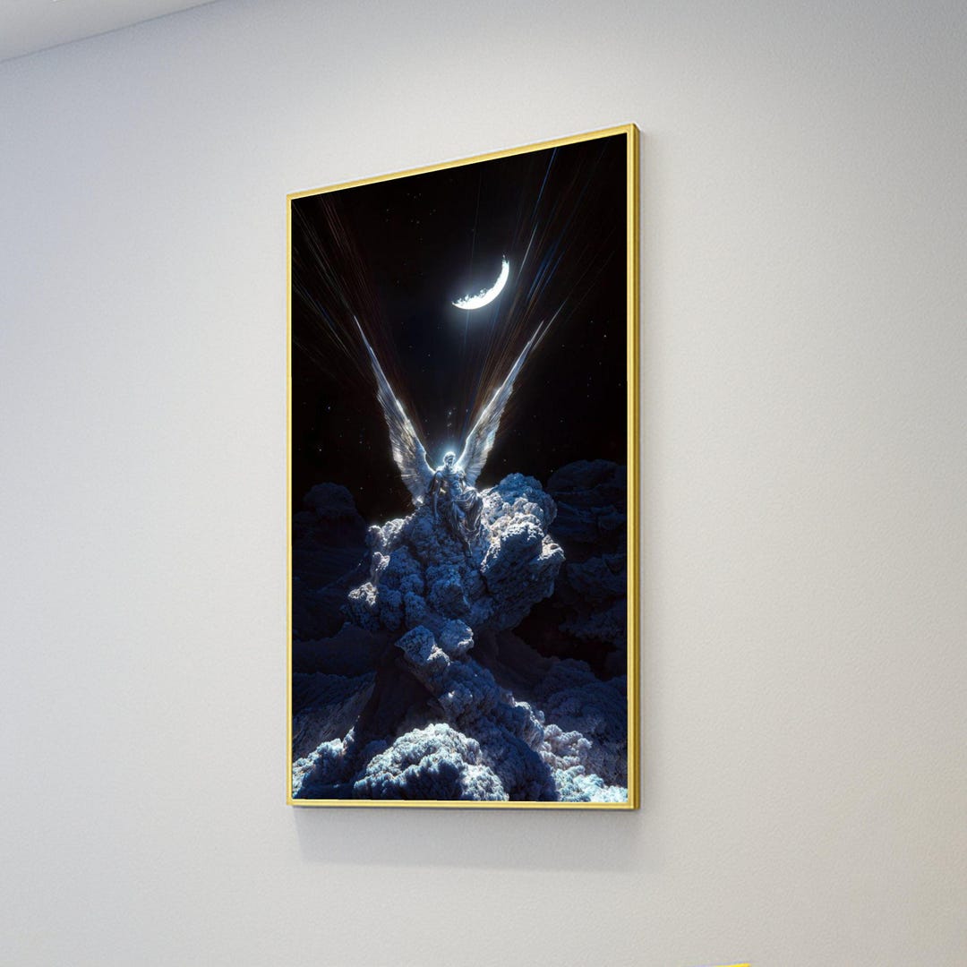 Angelic Figure With Glowing Wings Under Crescent Moon Canvas, Mystical ...