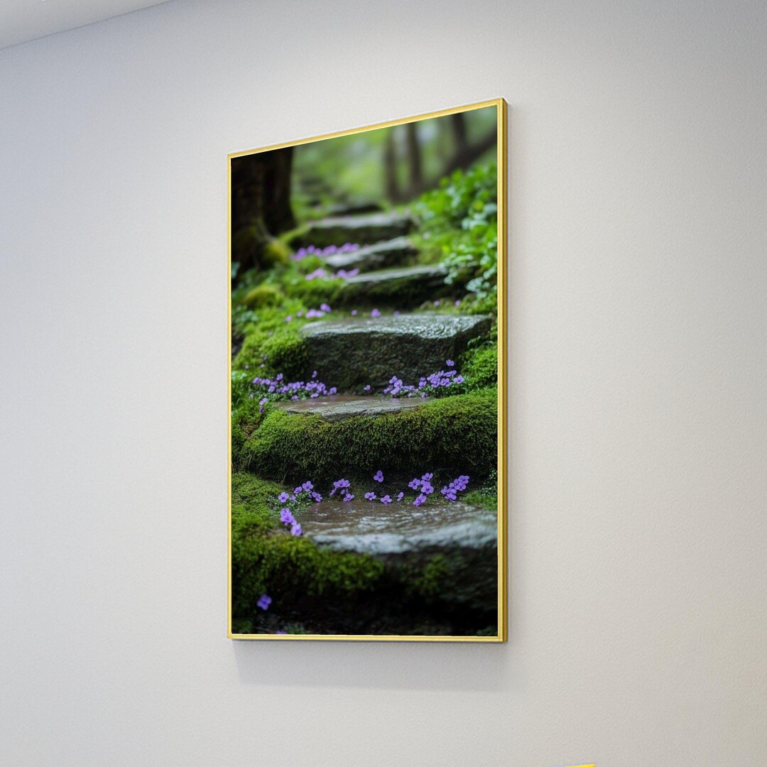 Mossy Stone Steps Canvas Print, Purple Flowers, Garden Pathway Wall Art ...