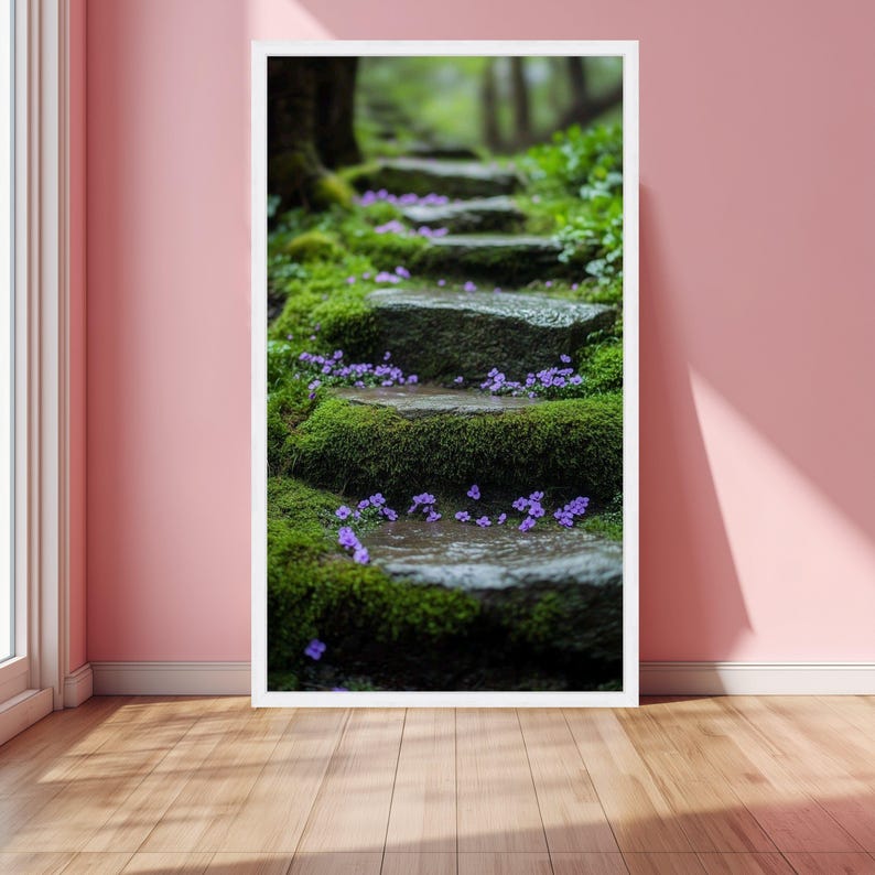 Mossy Stone Steps Canvas Print, Purple Flowers, Garden Pathway Wall Art ...