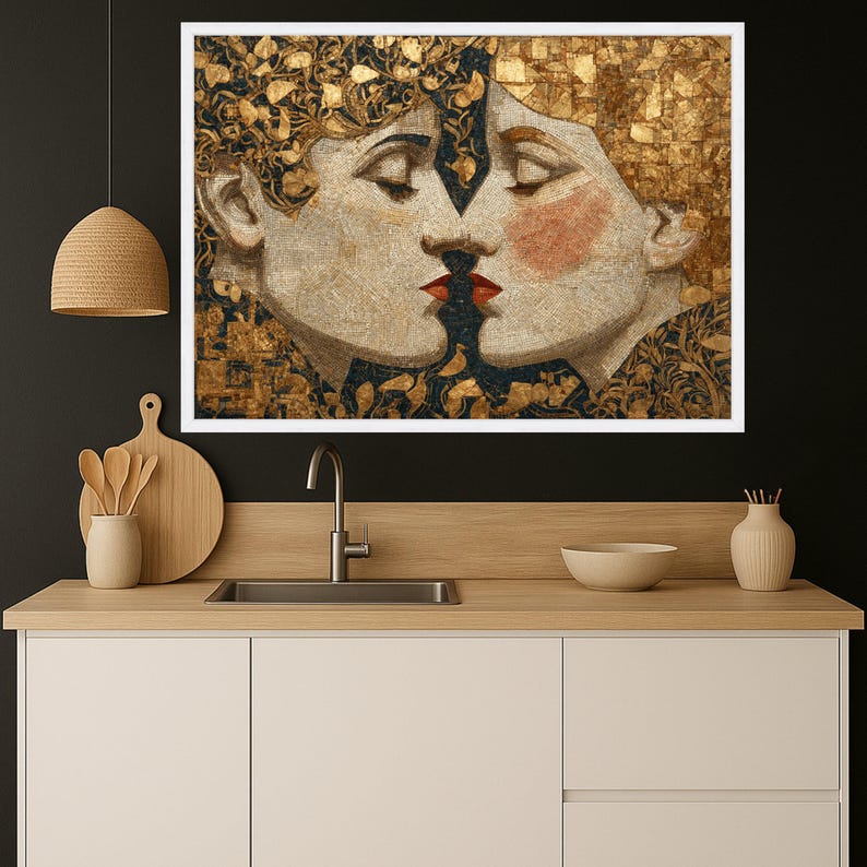 Romantic Mosaic Portrait Canvas, Kissing Couple Wall Art, Gold Leaf ...