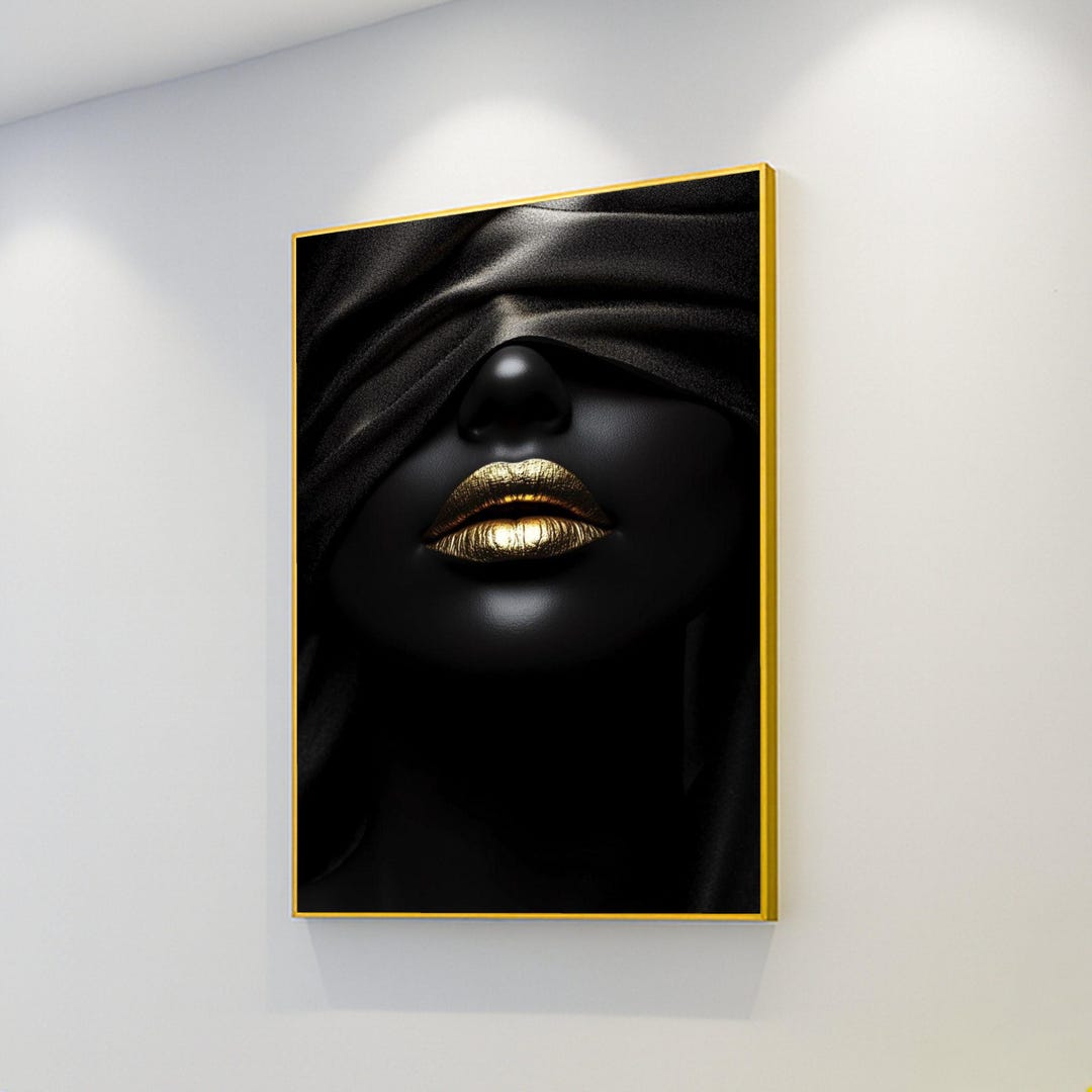 Elegant Black and Gold Lips Canvas Wall Art, Modern Abstract Female ...