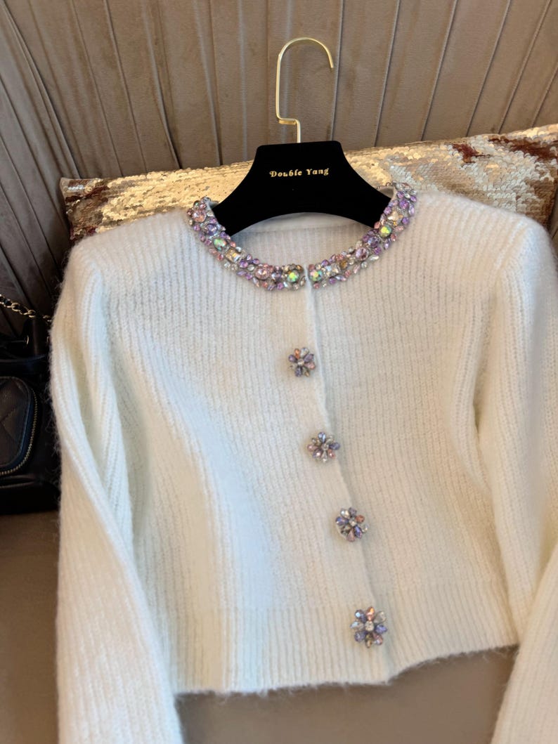 White Beaded Crystal Button Cardigan, Cropped Knit Sweater With ...