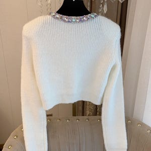 White Beaded Crystal Button Cardigan, Cropped Knit Sweater With ...
