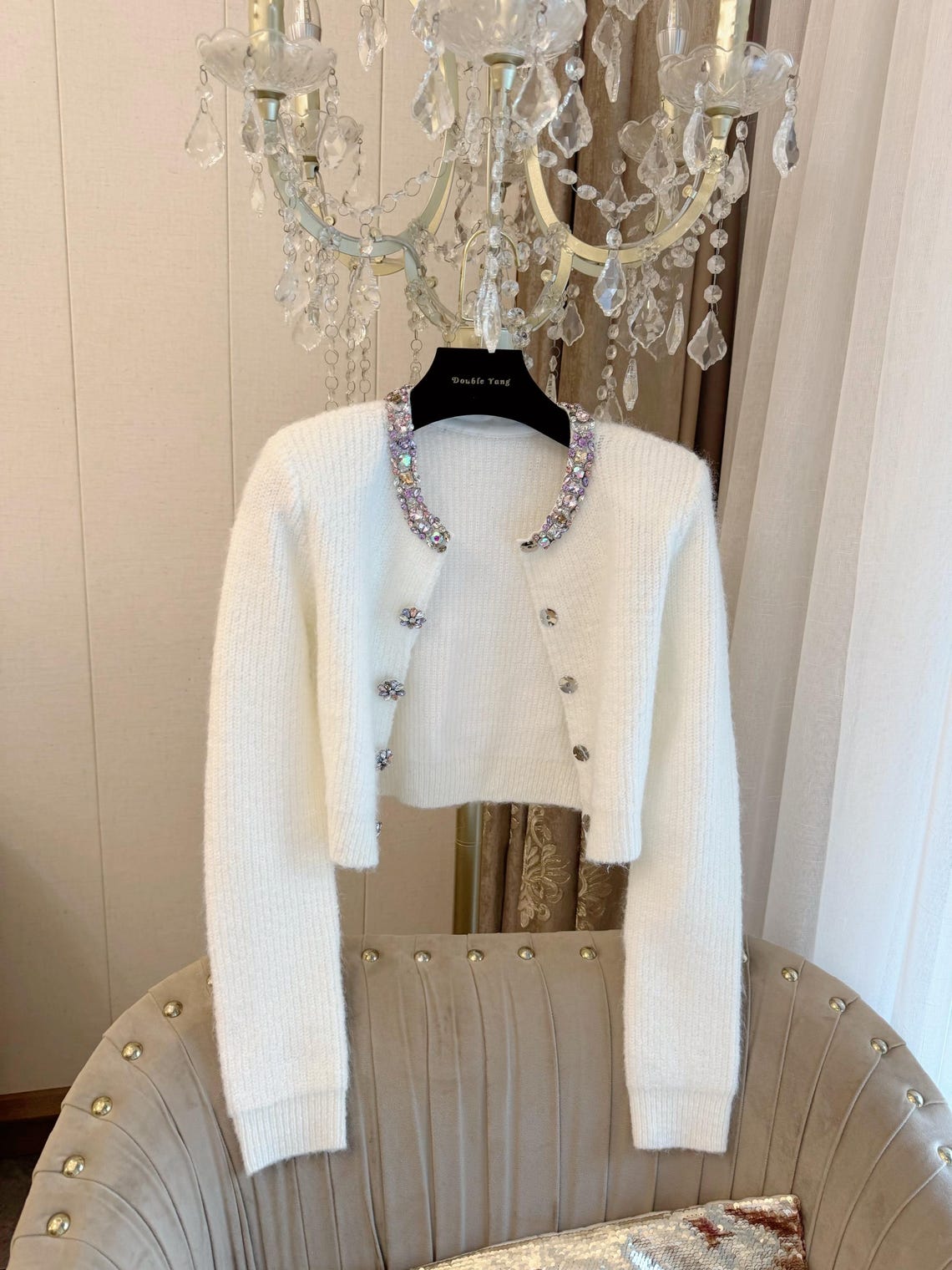 White Beaded Crystal Button Cardigan, Cropped Knit Sweater With ...