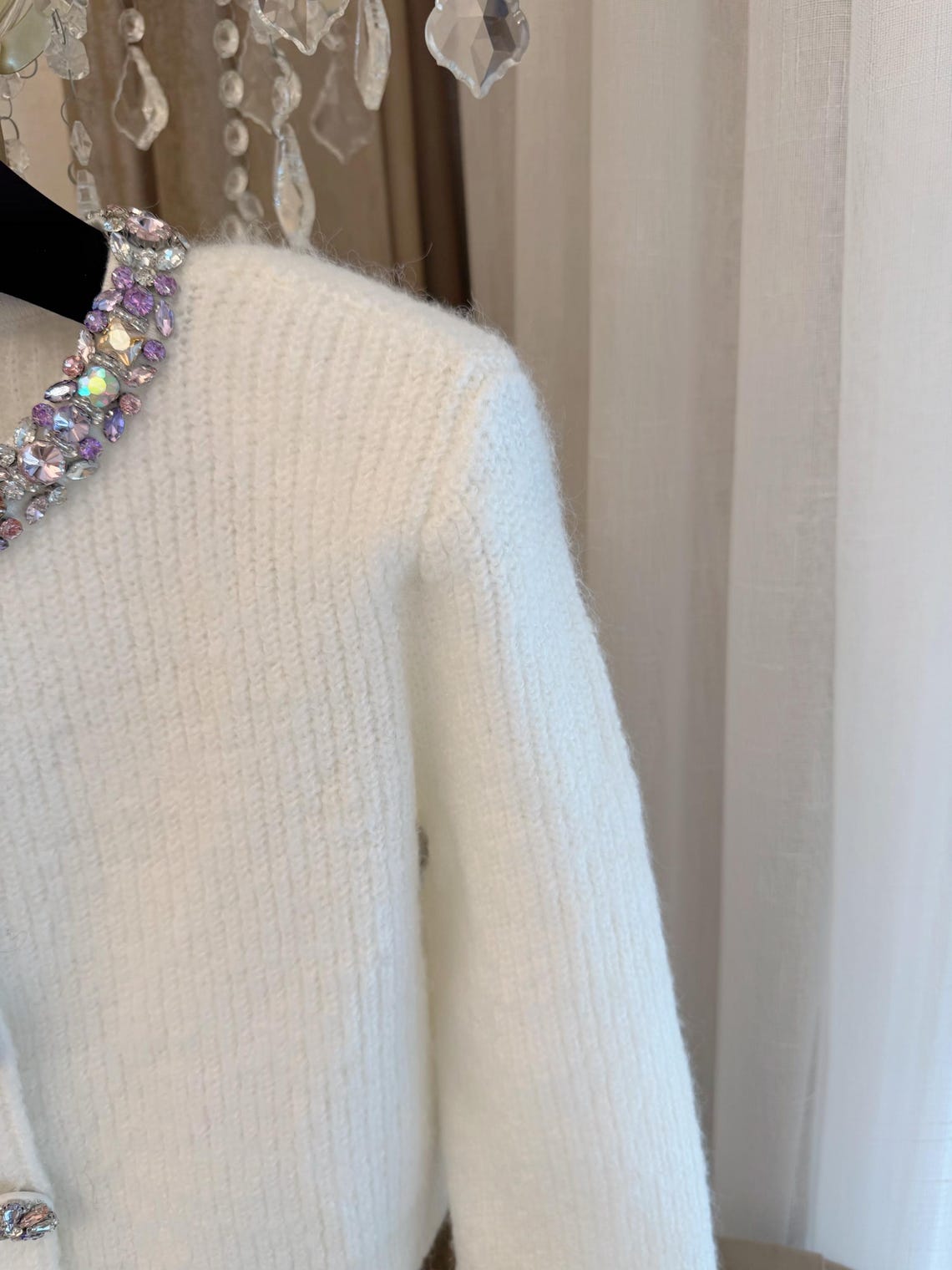White Beaded Crystal Button Cardigan, Cropped Knit Sweater With ...