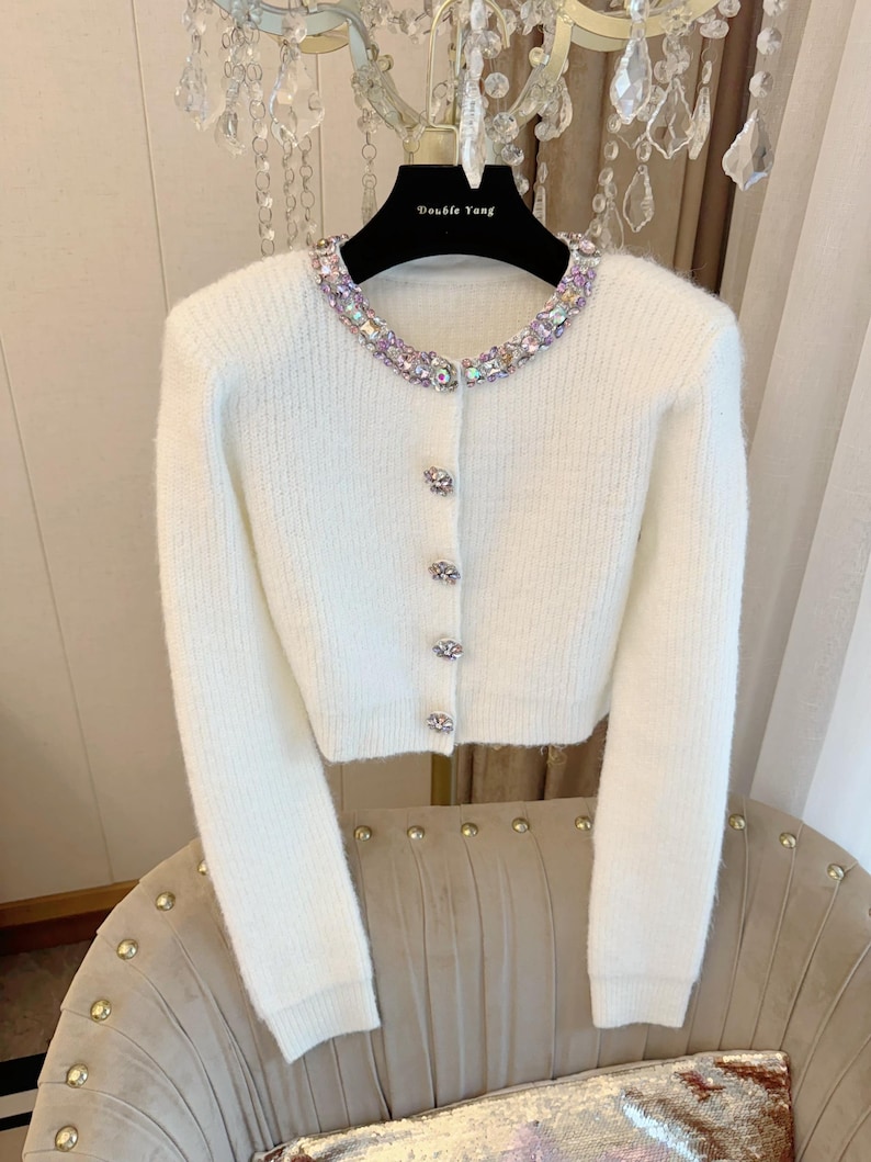White Beaded Crystal Button Cardigan, Cropped Knit Sweater With ...