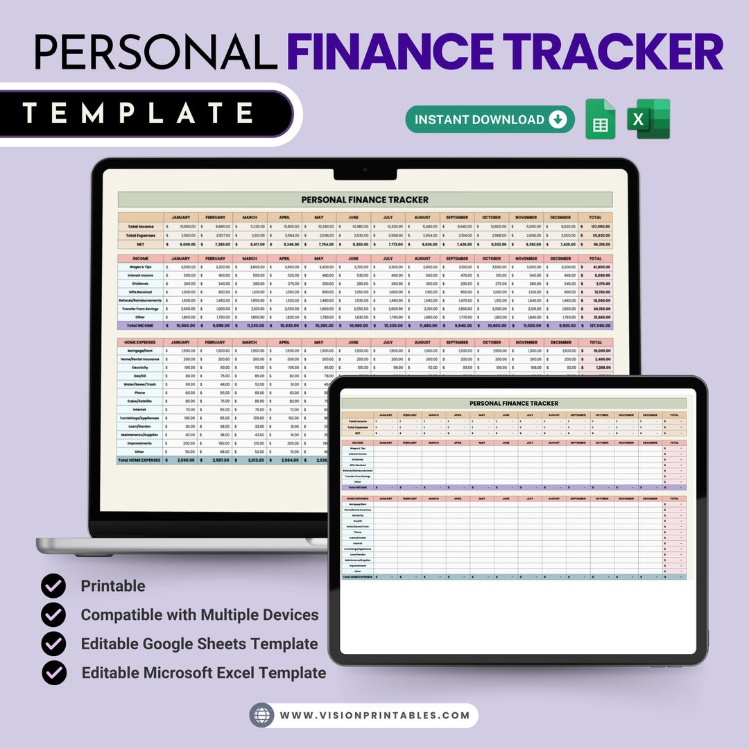 Personal Finance Tracker: Excel & Google Sheets Budget Template ...