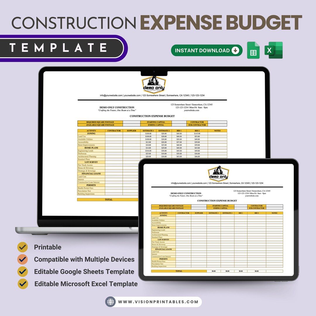 Construction Expense Budget Template: Excel & Google Sheets (digital ...