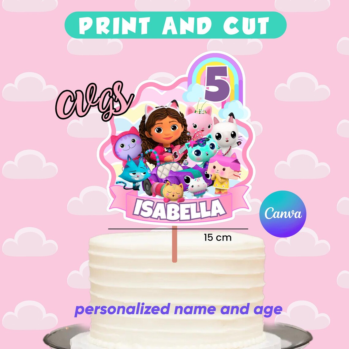 Editable Gabby's Dollhouse Cake Topper, Printable Birthday Party Decor ...