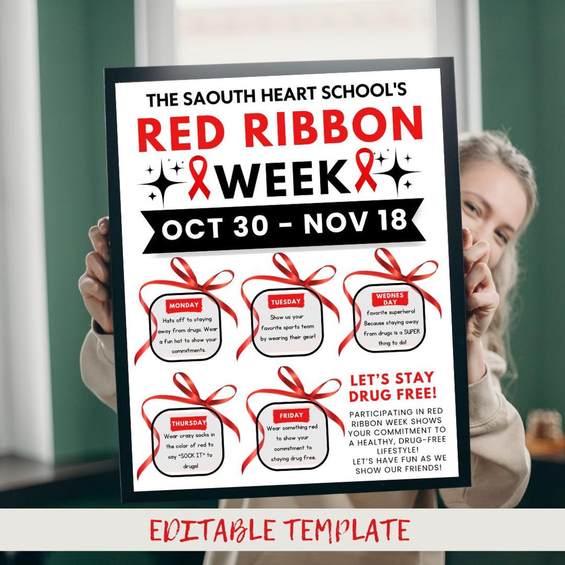 Editable Red Ribbon Week Planner: School Event Schedule (canva Template ...
