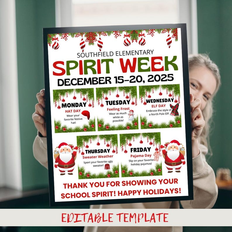 Christmas Spirit Week Flyer: School Event, Editable Canva Template ...