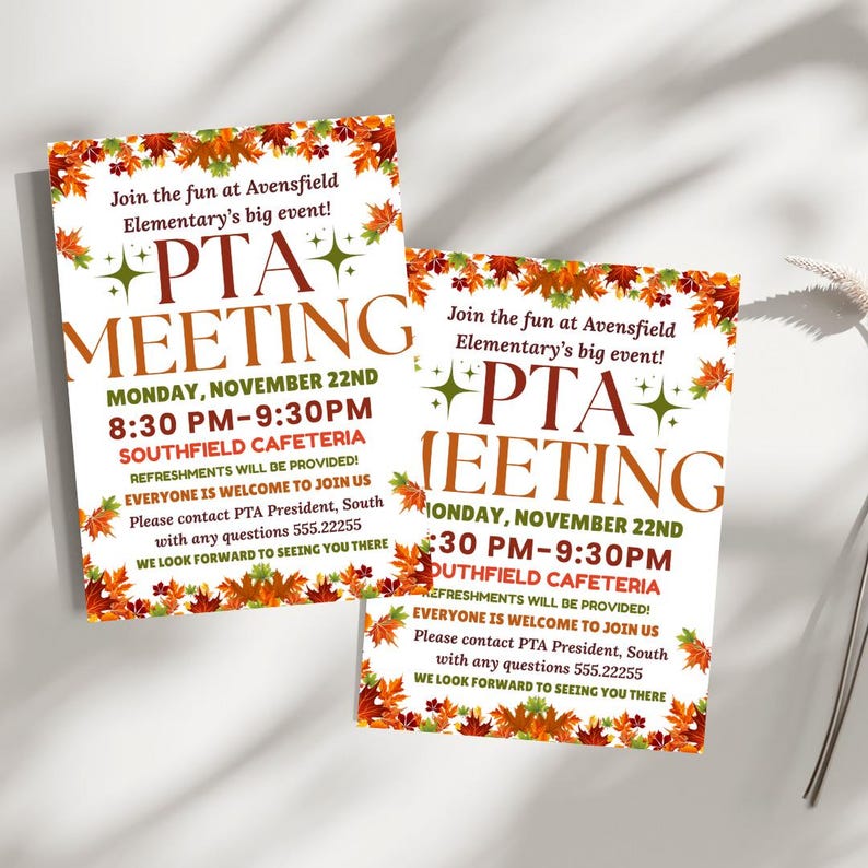 DIY November PTA Meeting Flyer, Thanksgiving Announcement, Instant ...