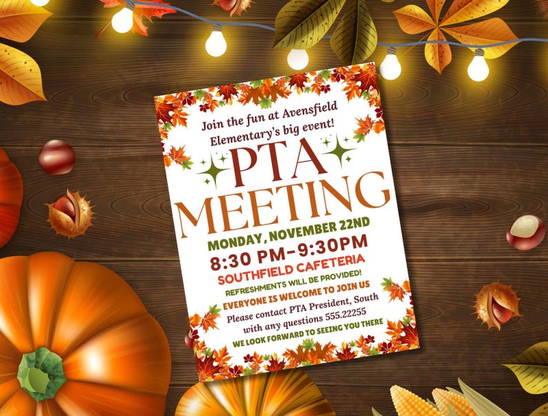 DIY November PTA Meeting Flyer, Thanksgiving Announcement, Instant ...