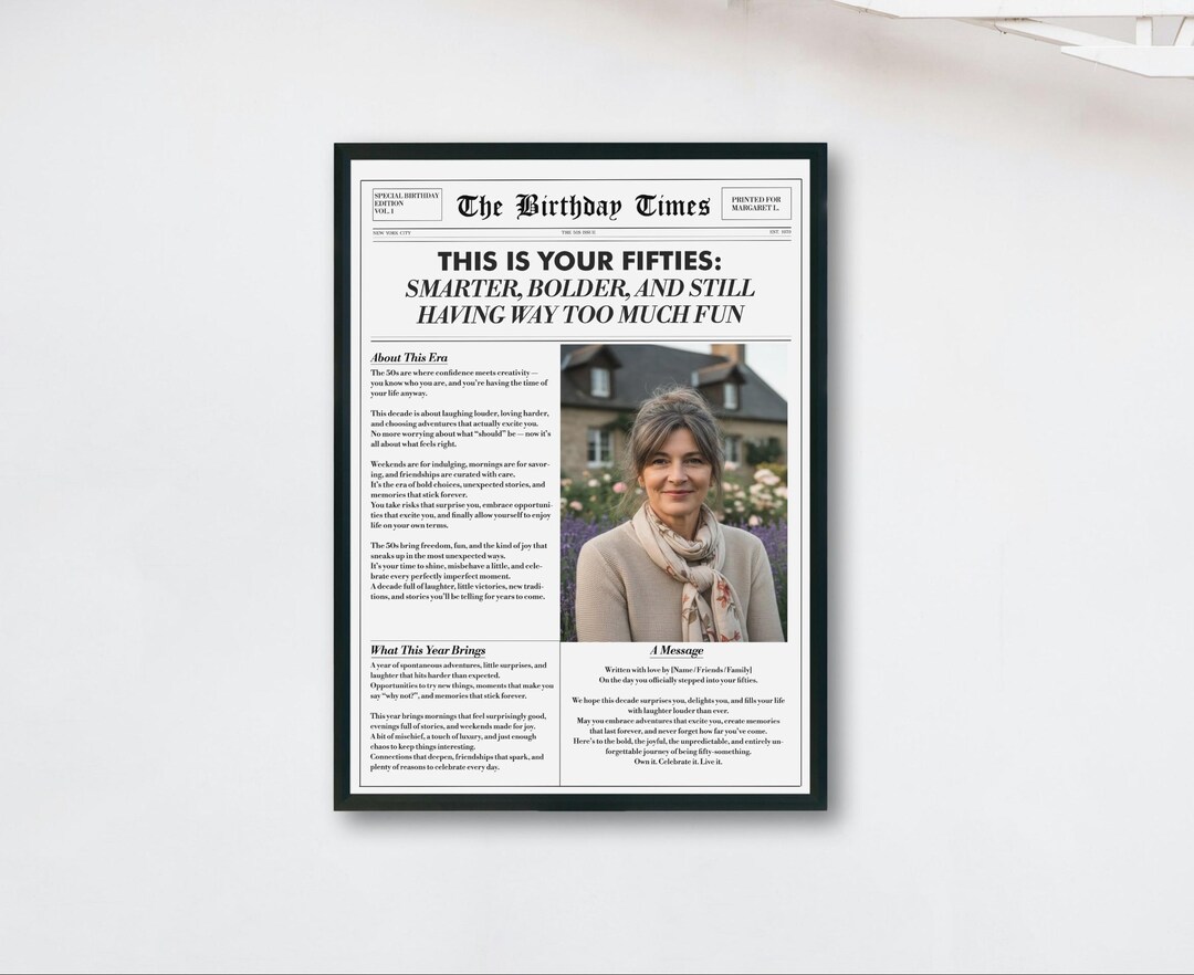 PERSONALIZED 50s Newspaper Poster, Custom Wall Art for Adults, Birthday ...