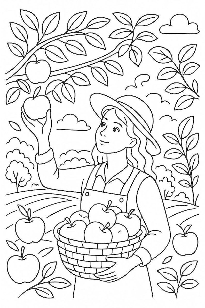 Apple Picking Printable Coloring Page - Etsy