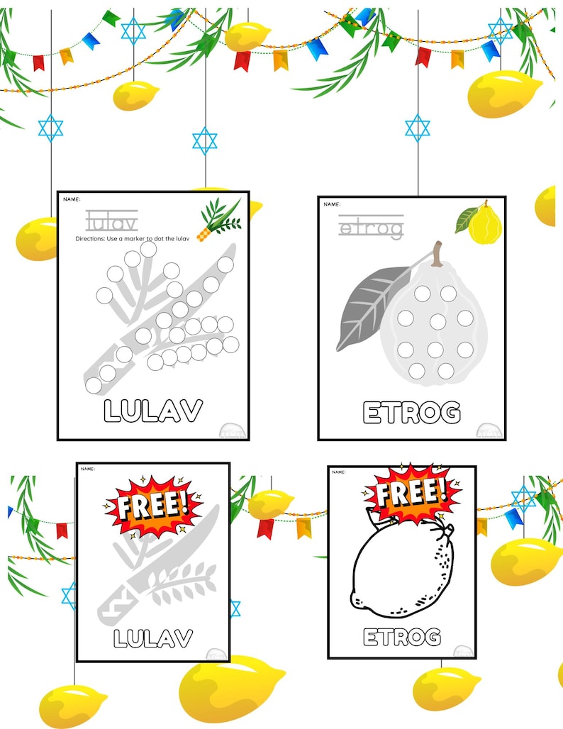 Sukkot Dot Marker Activity: Lulav & Etrog Coloring Pages (PDF) - Etsy