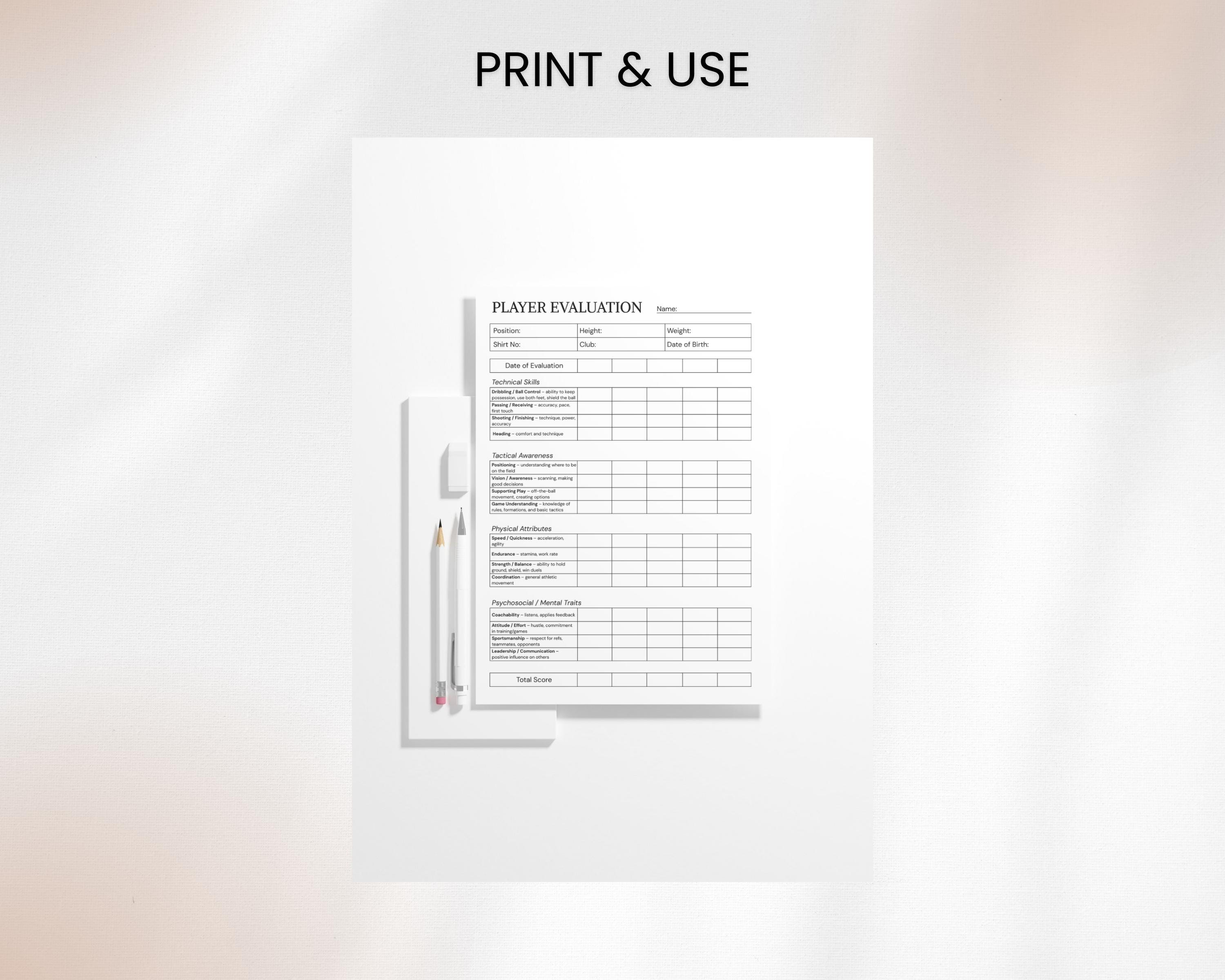 Soccer Player Evaluation Form, Printable Player Evalution Sheet for ...