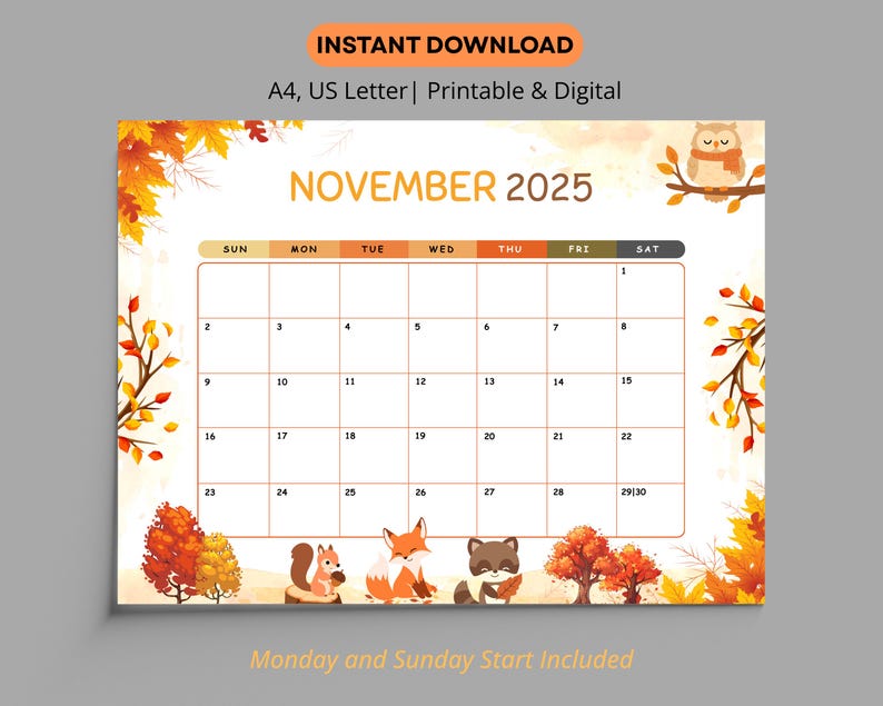 Instant Download November 2025 Calendar, Beautiful Autumn Trees ...
