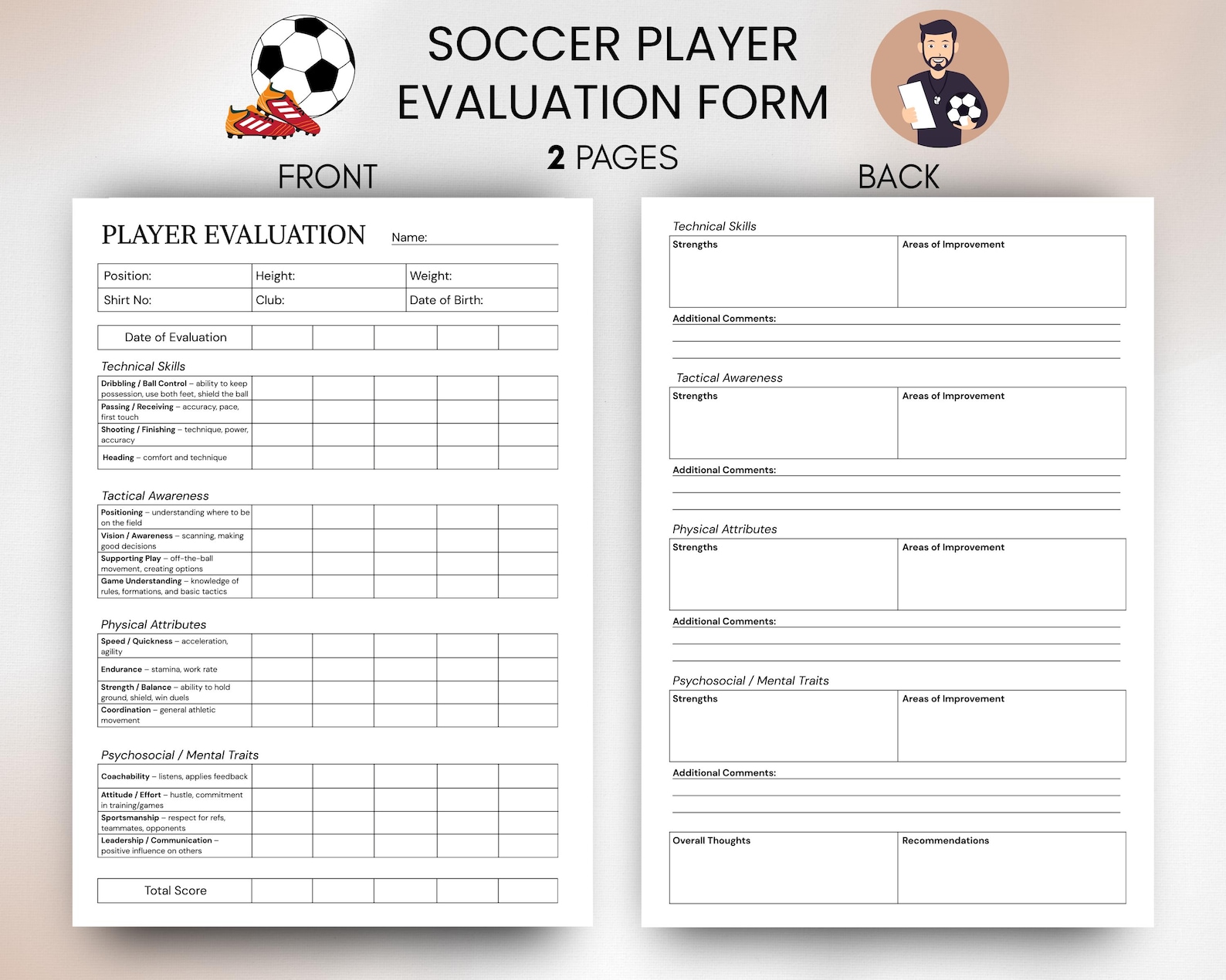 Soccer Player Evaluation Form, Printable Player Evalution Sheet for ...
