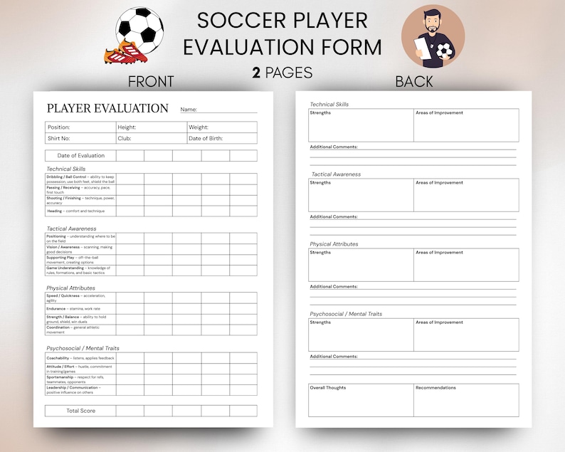 Soccer Player Evaluation Form, Printable Player Evalution Sheet for ...