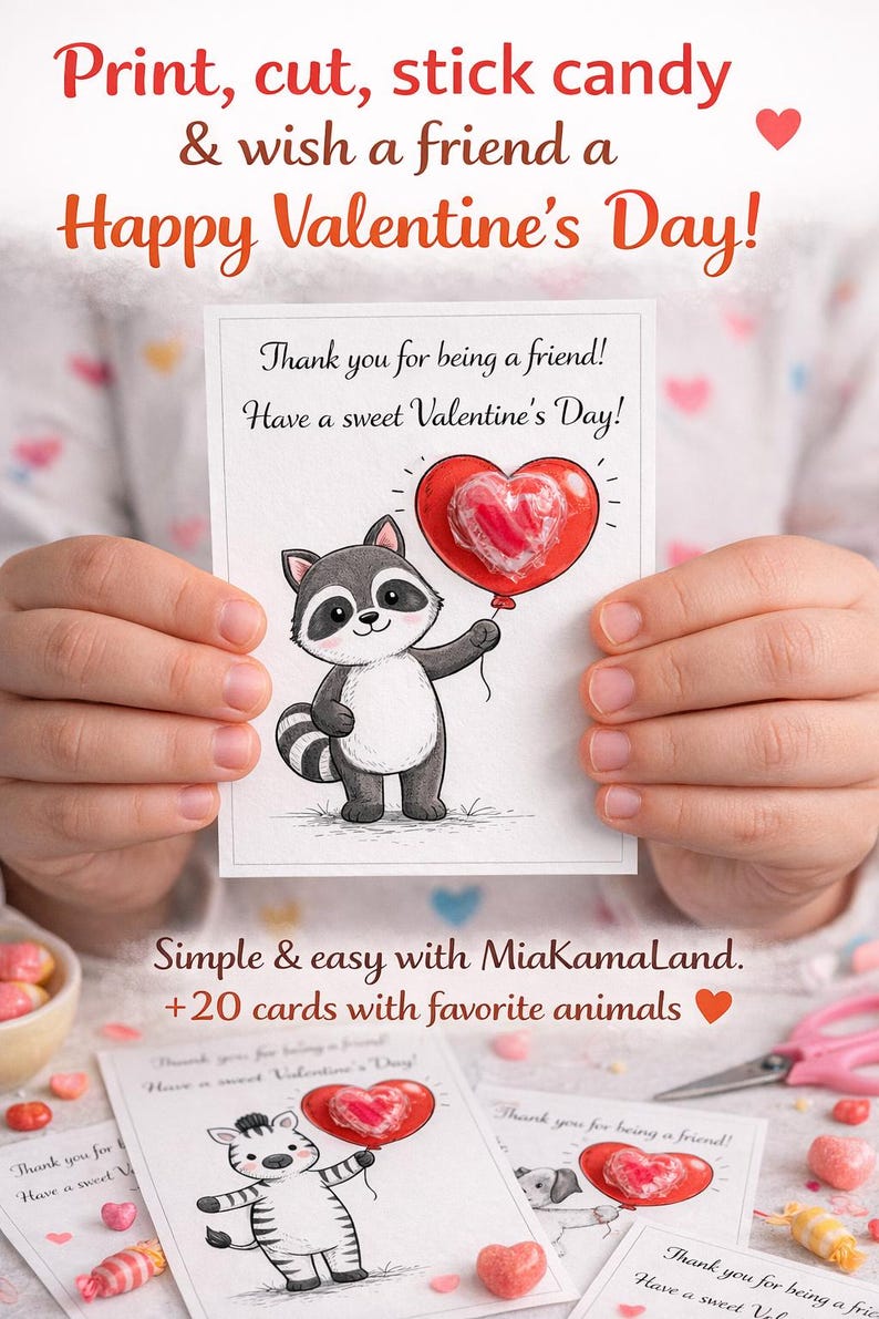 Printable Animal Valentine Cards for Kids | Candy Holder (PDF Download ...