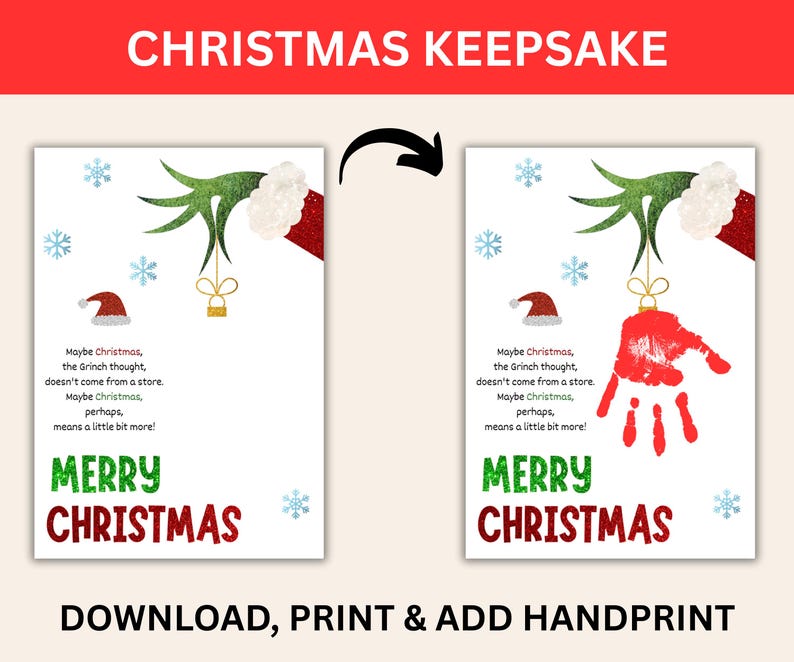 Grinch Christmas Handprint Craft Kids DIY Holiday Art Printable Baby ...