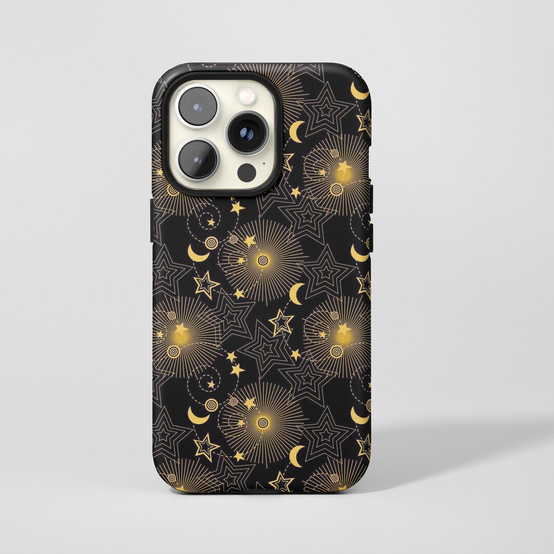 Black Gold Starry Sky Phone Case,radiating Sun Patterns,stars,crescent ...