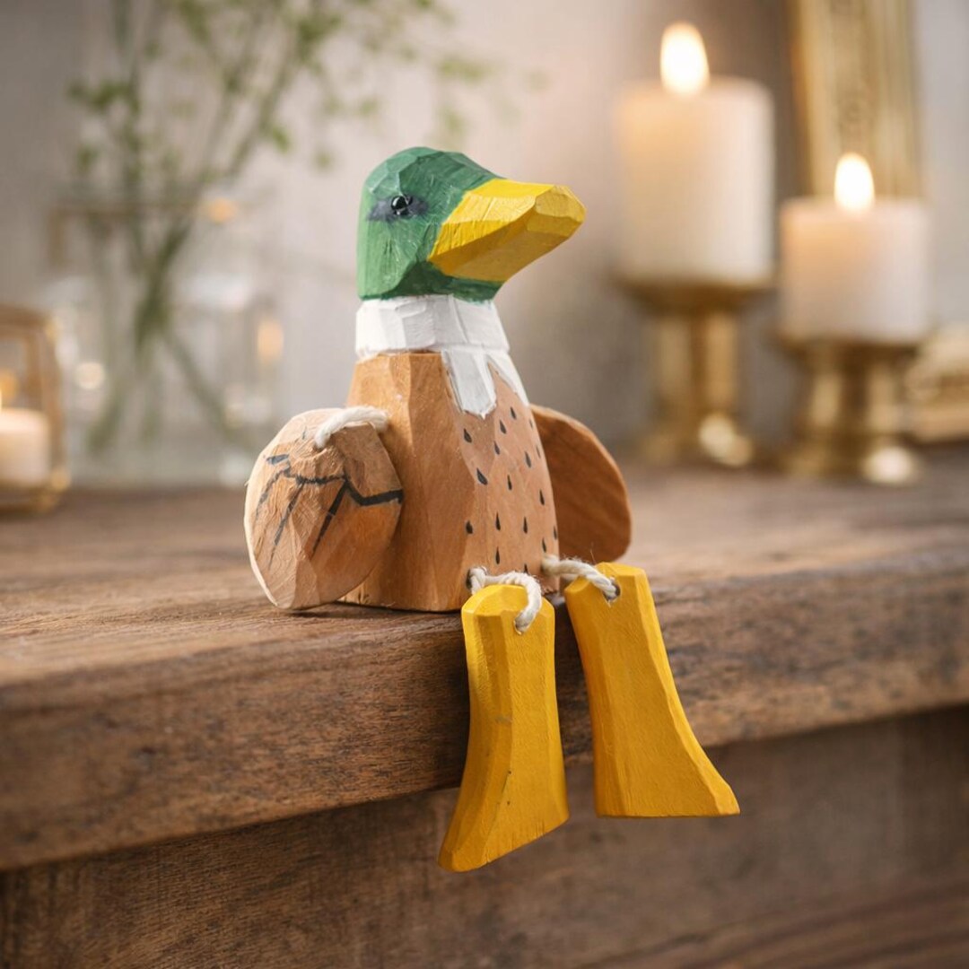 Hand Carved Duck Figurine, Wooden Mallard Bird Decor, Sitting Duck ...