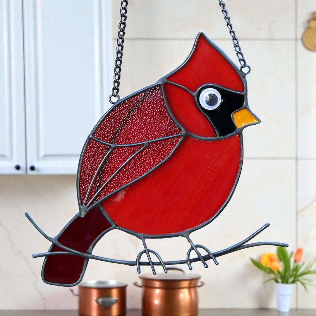 Stained Glass Red Bird Window Suncatcher, Handmade Red Bird Ornament ...