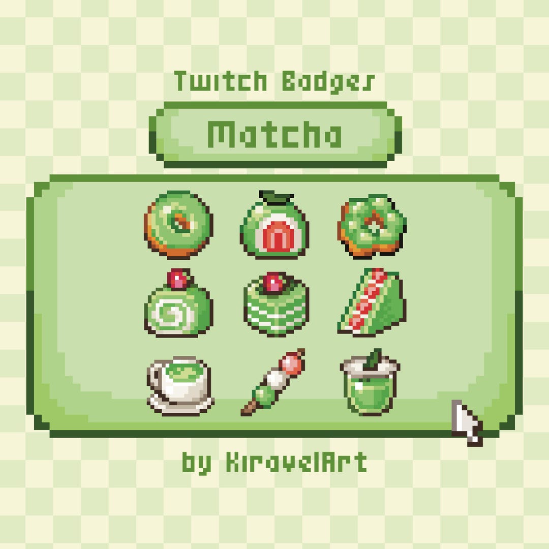Pixel Art Matcha Twitch Badges: Kawaii Green Streaming Icons, Pixel ...