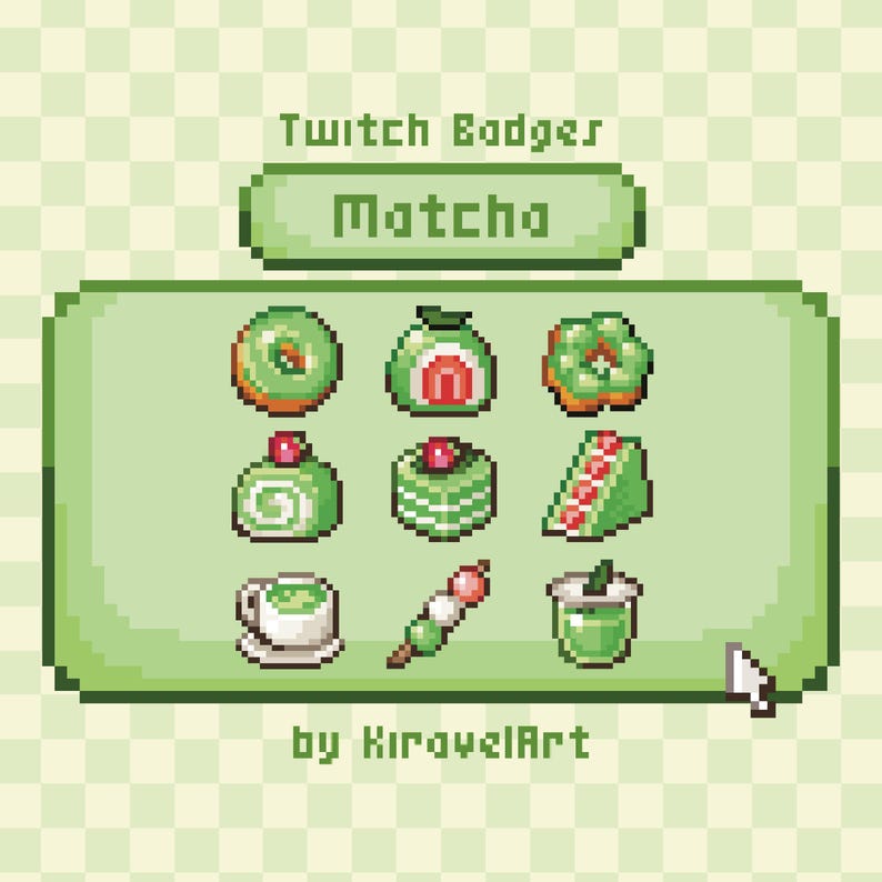 Pixel Art Matcha Twitch Badges: Kawaii Green Streaming Icons, Pixel ...